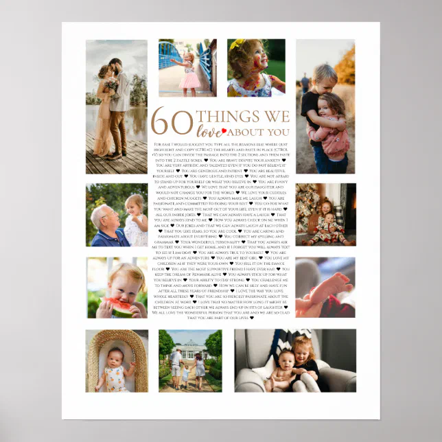 60 things we love about you photo collage birthday poster | Zazzle