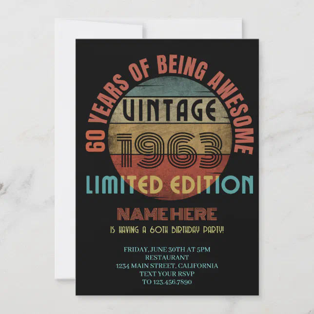 60 Years Of Being Awesome 1963 Birthday Party Invitation | Zazzle