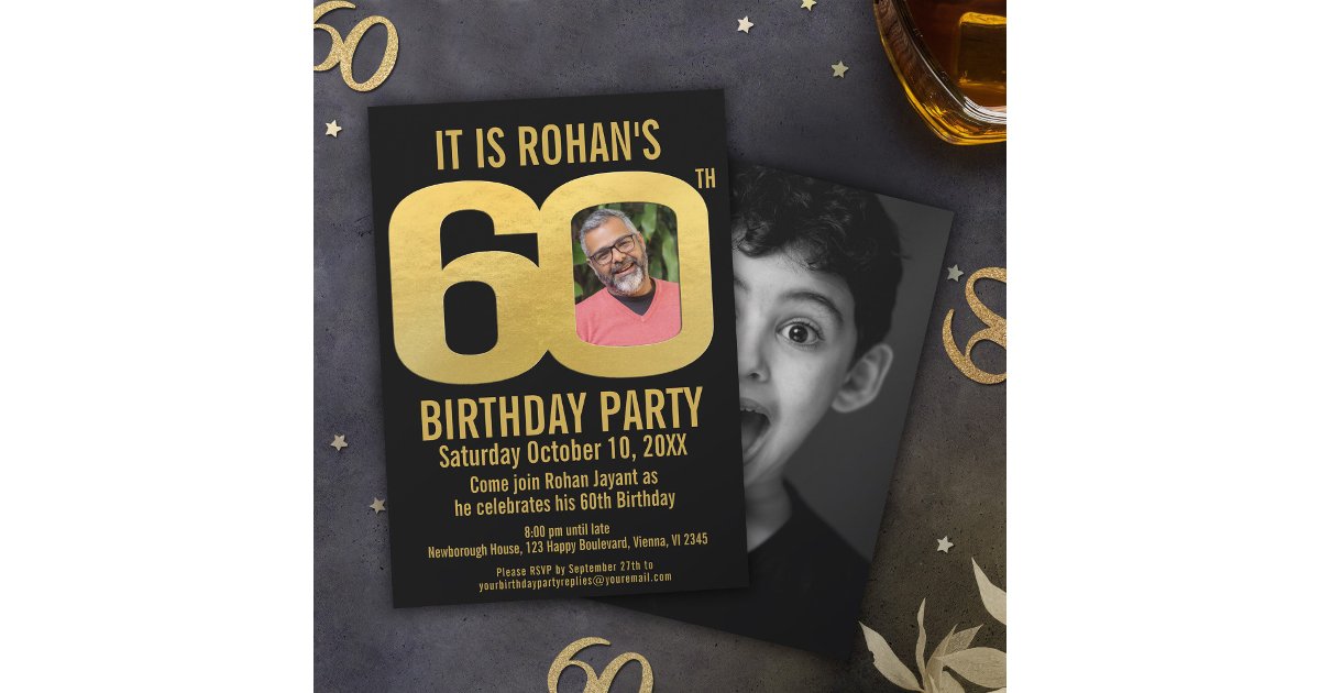 60th Birthday party black gold now then photo Invitation | Zazzle