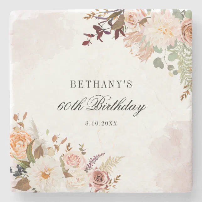 60th Birthday Party Favours Custom Floral Stone Coaster | Zazzle