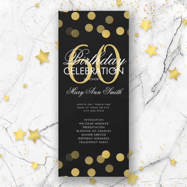 60th Birthday Party Program Gold Confetti w/ Menu Invitation | Zazzle