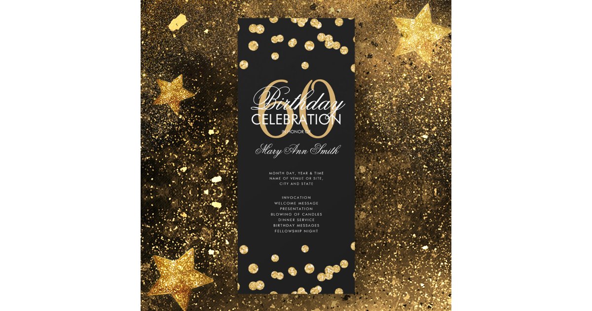 60th Birthday Party Program Gold Glitter w/ Menu Invitation | Zazzle