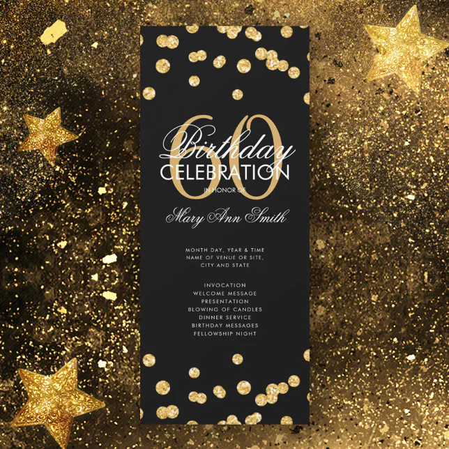 60th Birthday Party Program Gold Glitter w/ Menu Invitation | Zazzle