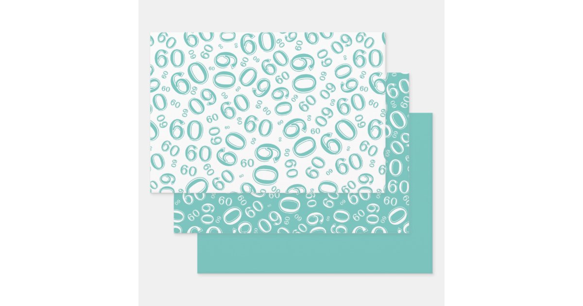 60th Birthday Teal & White Number Pattern 60 Wrapping Paper Sheet | Zazzle