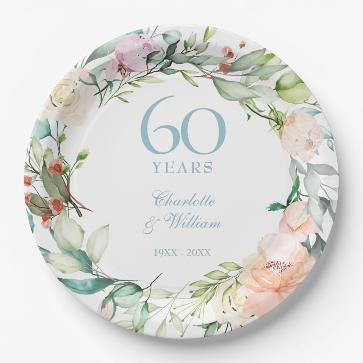 60th Wedding Diamond Anniversary Roses Floral Paper Plate | Zazzle