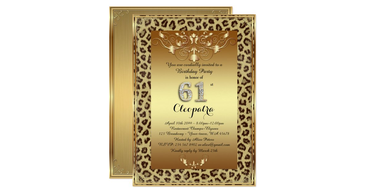 61st, Birthday Party 61st, Royal Cheetah gold plus Invitation | Zazzle ...