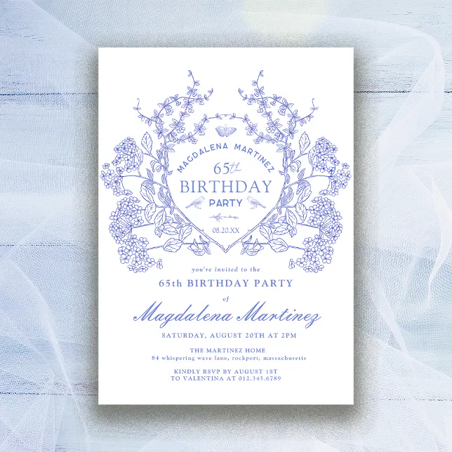 65th Birthday French Vintage Blue Floral Crest Invitation | Zazzle