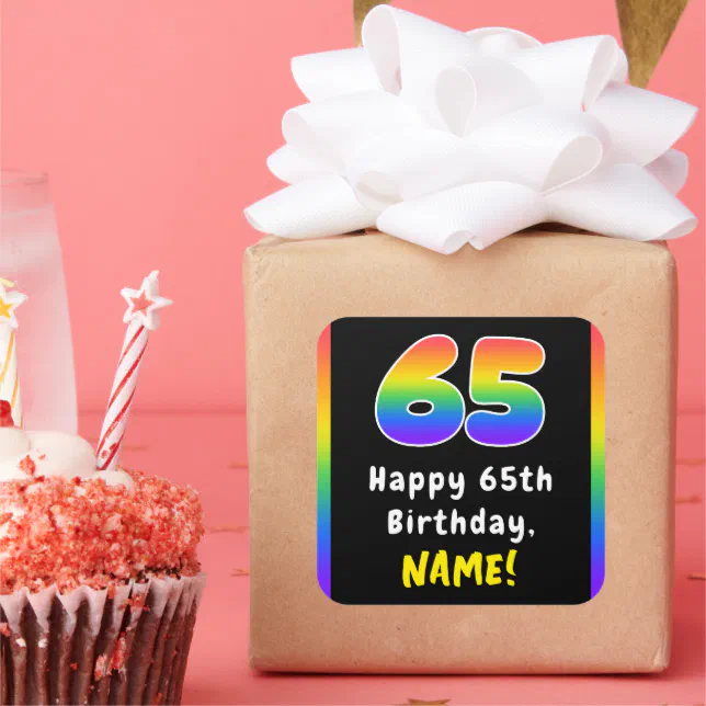 65th Birthday: Rainbow Spectrum # 65, Custom Name Square Sticker | Zazzle