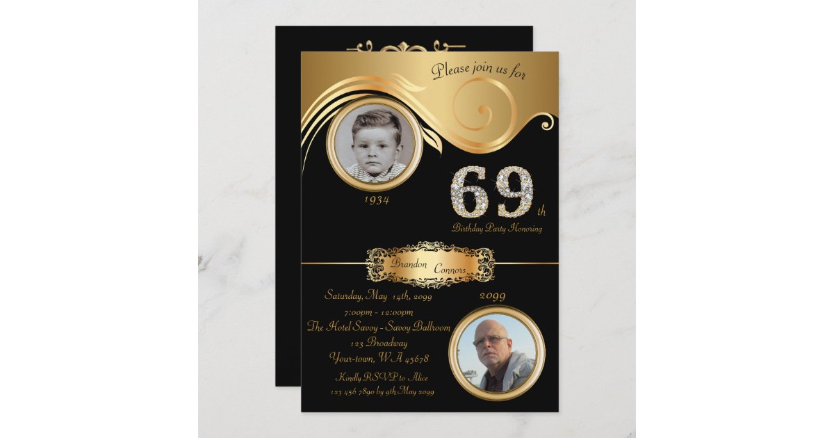 69th,Birthday Man 69th,elegant art deco,black gold Invitation | Zazzle