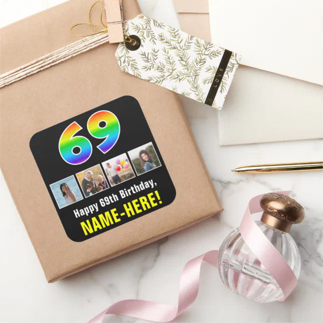 69th Birthday: Rainbow “69”; Custom Photos & Name Square Sticker | Zazzle
