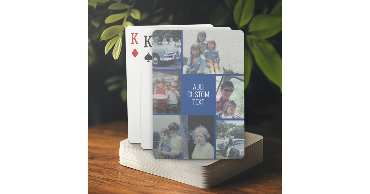 6 photo collage - blue background - white text playing cards | Zazzle