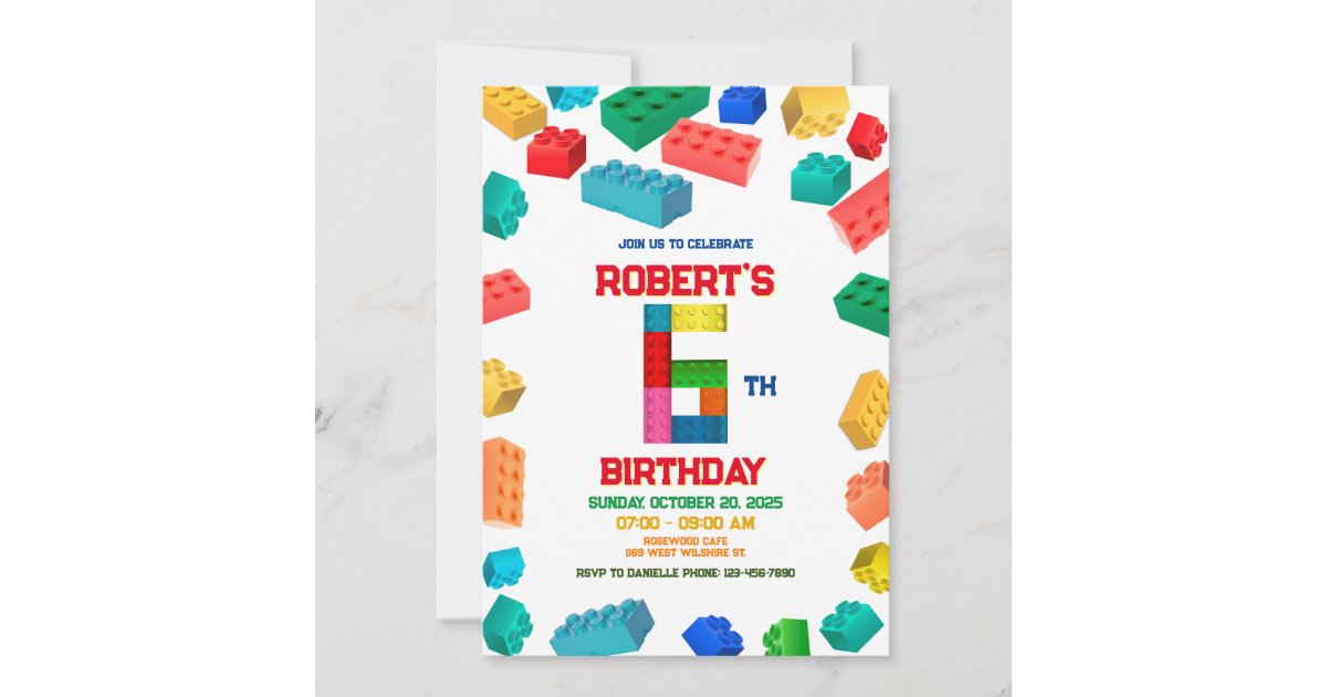 6th Construction Invite, Building Blocks Birthday Invitation | Zazzle