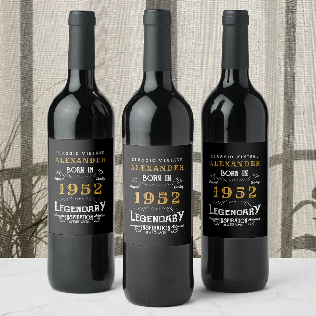70th Birthday 1952 Add Name Vintage Black Gold Wine Label | Zazzle