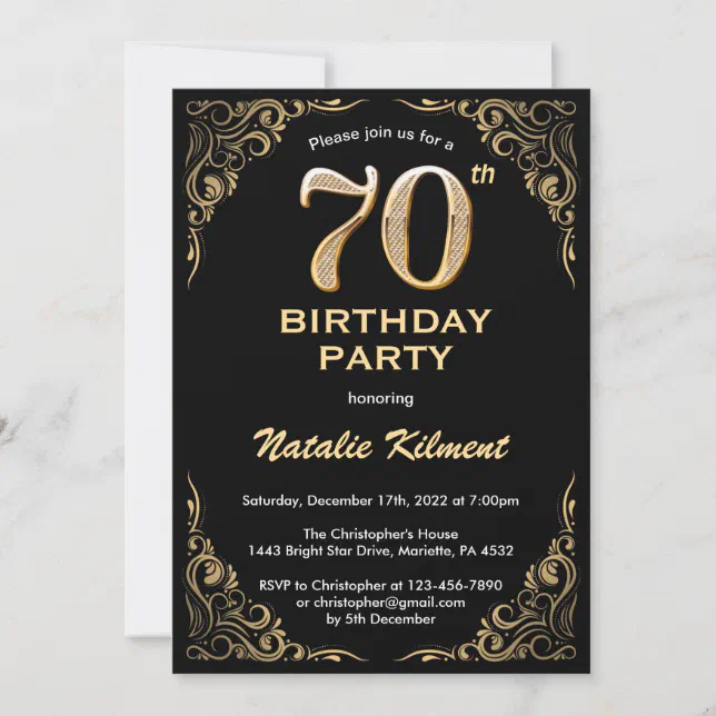 70th Birthday Black and Gold Glitter Frame Invitation | Zazzle