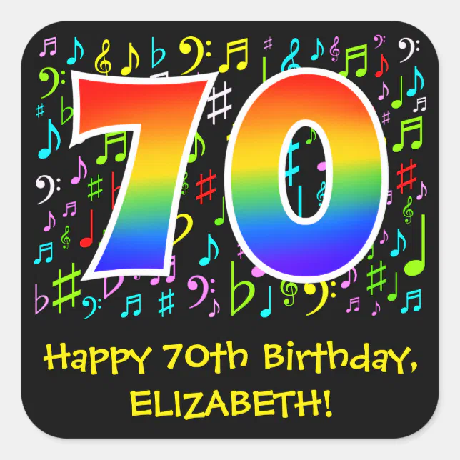 70th Birthday: Colourful Music Symbols, Rainbow 70 Square Sticker | Zazzle