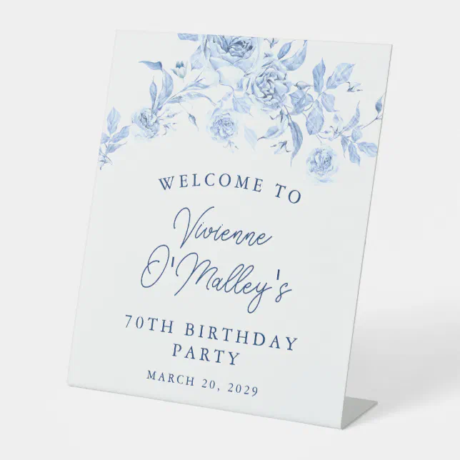 70th Birthday Party Blue Rose Floral Welcome Pedestal Sign | Zazzle