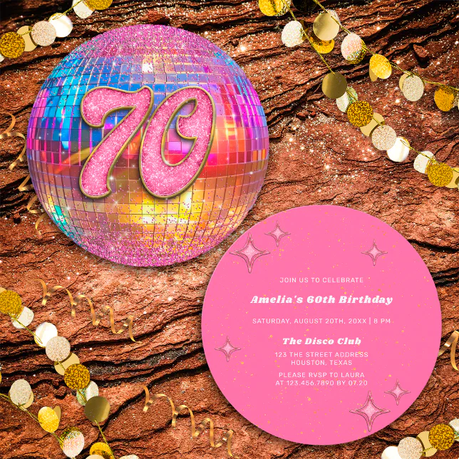 70th Birthday Party Gold Pink Glitter Disco Ball Invitation | Zazzle
