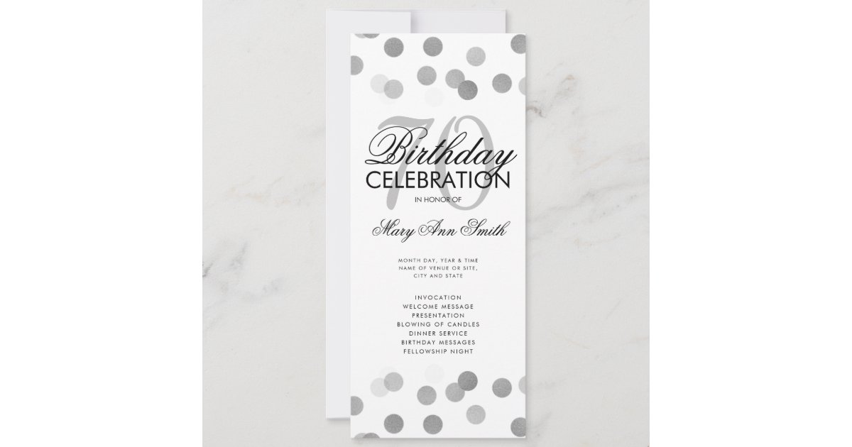 70th Birthday Party Program Silver Confetti Menu Invitation | Zazzle