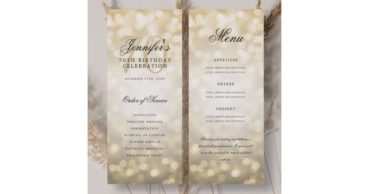 70th Birthday Program Gold Bokeh Menu+Thank You Invitation | Zazzle