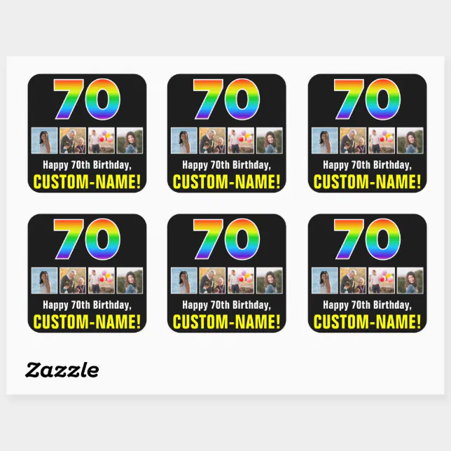 70th Birthday: Rainbow “70”; Custom Photos & Name Square Sticker | Zazzle