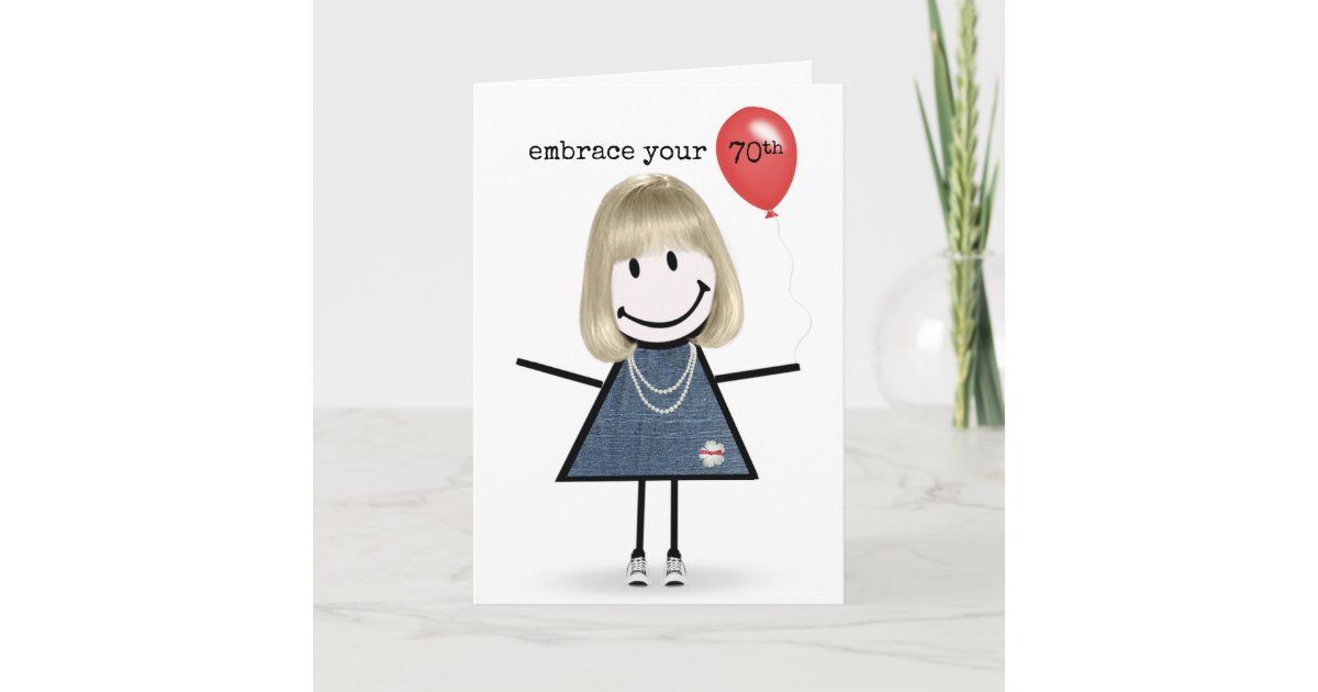 70th Birthday Stick Figure Girl with Red Balloon Card | Zazzle