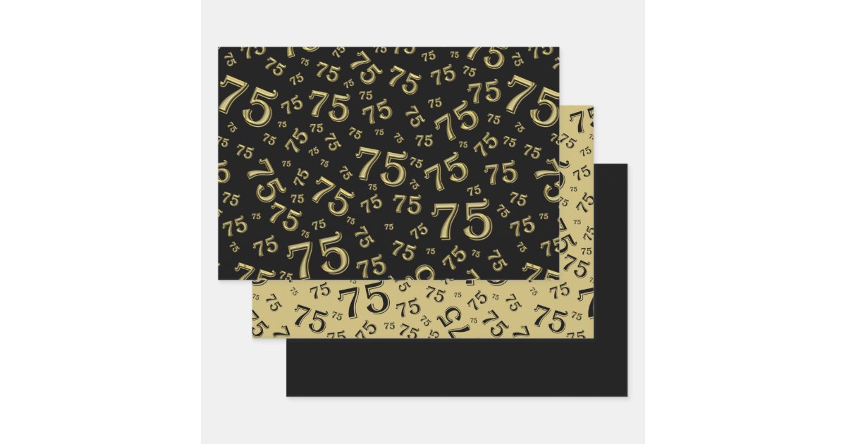 75th Birthday Black & Gold Number Pattern 75 Wrapping Paper Sheet | Zazzle