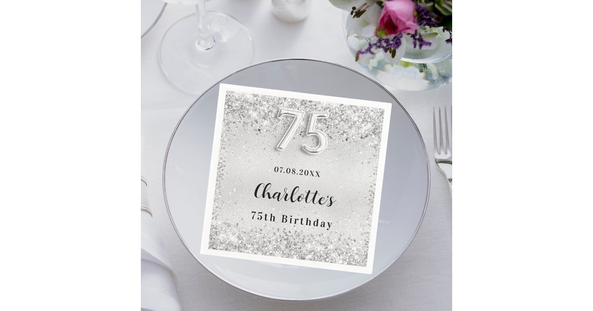 75th birthday silver elegant confetti napkin | Zazzle