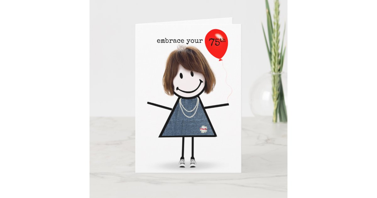 75th Birthday Stick Figure Girl with Red Balloon Card | Zazzle