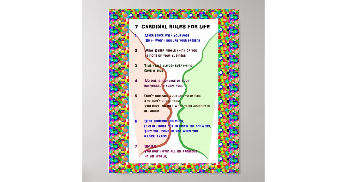 7 CARDINAL RULES FOR LIFE Graphic Art Wisdom Text Poster | Zazzle
