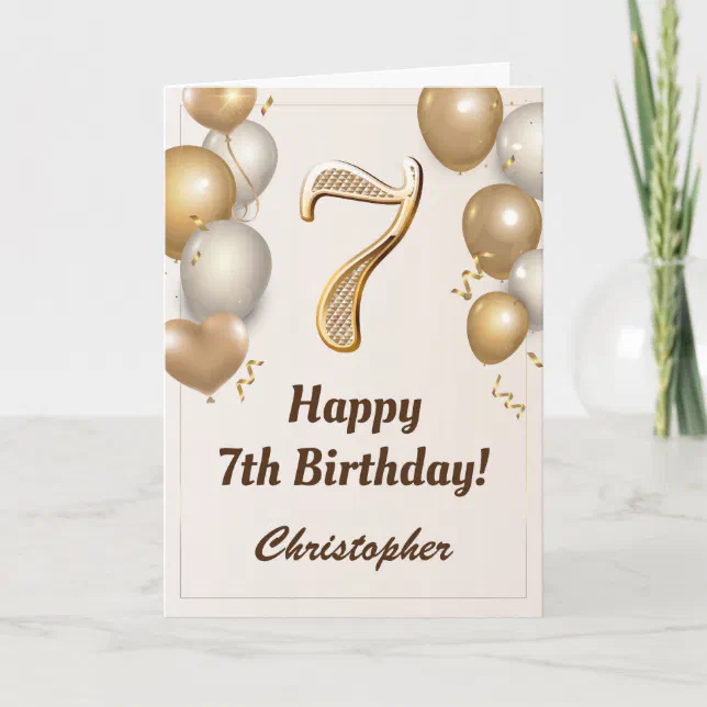 7th Birthday Gold Balloons and Confetti Birthday Card | Zazzle