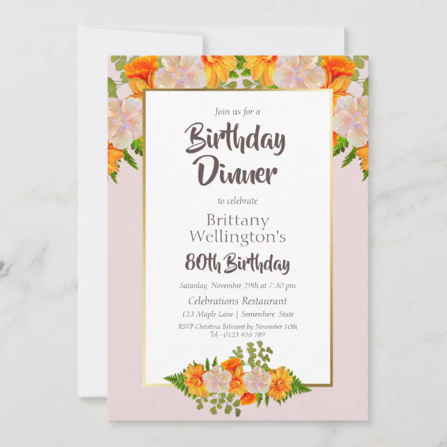 80th Birthday Gold Frame Pink Floral Party Invitation | Zazzle