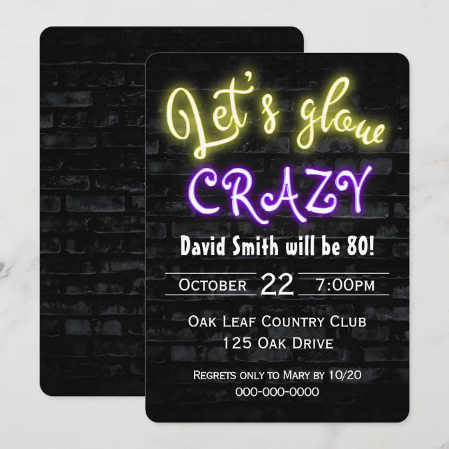 80th Birthday Neon Glow Sign on Brick Invitation | Zazzle