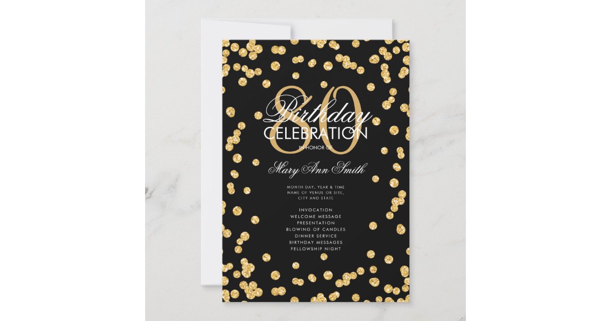 80th Birthday Party Program Gold Glitter w/ Menu Invitation | Zazzle