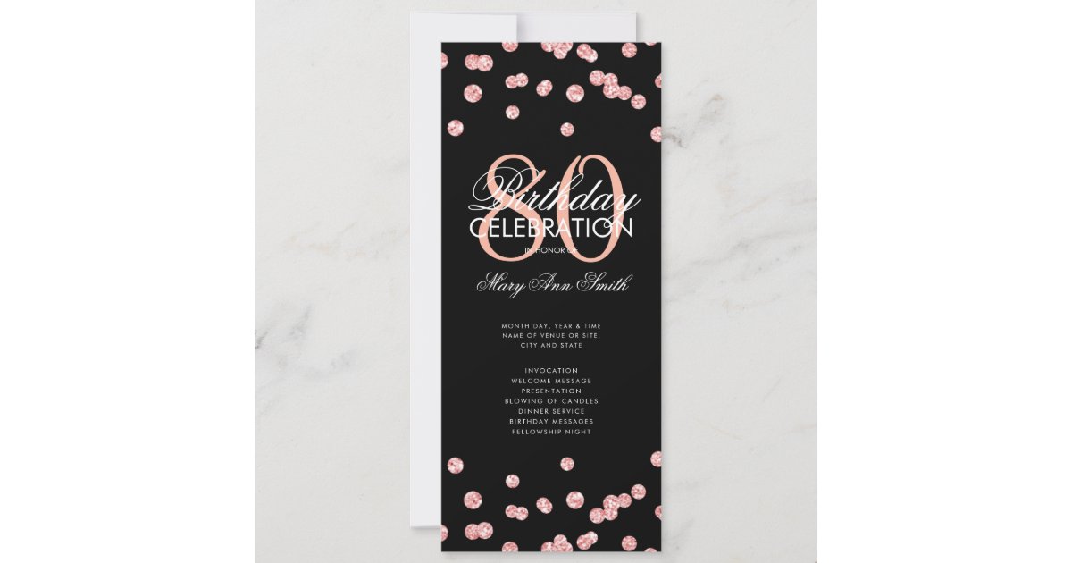80th Birthday Party Program Rose Gold Glitter Menu Invitation | Zazzle