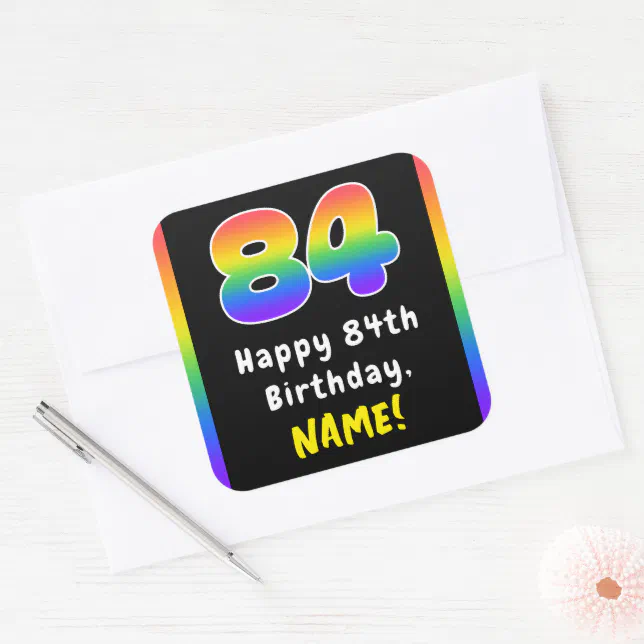 84th Birthday: Rainbow Spectrum # 84, Custom Name Square Sticker | Zazzle