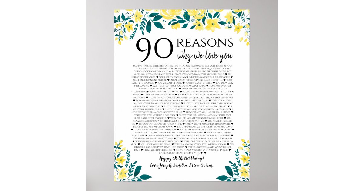 90 reasons why we love you birthday gift yellow poster | Zazzle