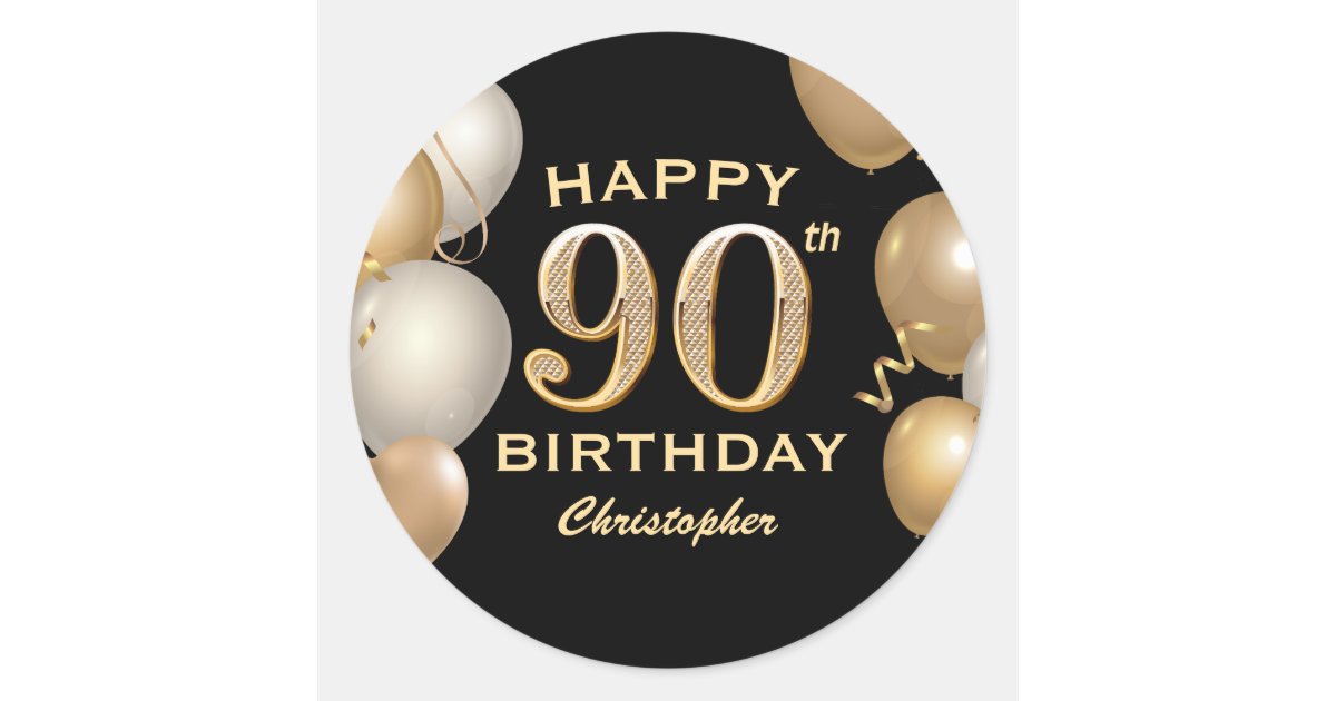90th Birthday Party Black and Gold Balloons Classic Round Sticker | Zazzle