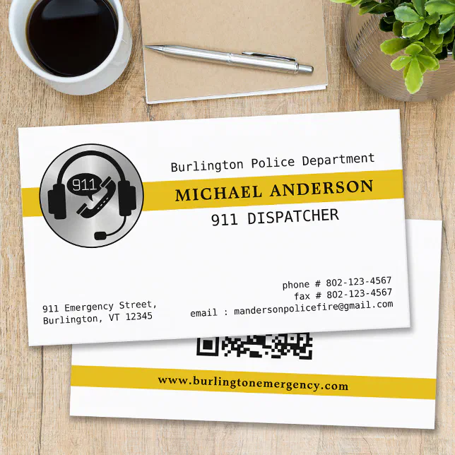 911 Dispatcher Custom Logo Thin Gold Line QR Code Business Card | Zazzle