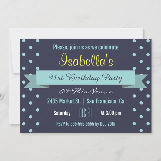 91st Birthday Party Blue Polka Dot and Banner Invitation | Zazzle