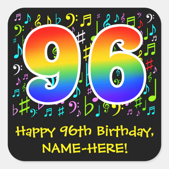 96th Birthday: Colourful Music Symbols, Rainbow 96 Square Sticker | Zazzle