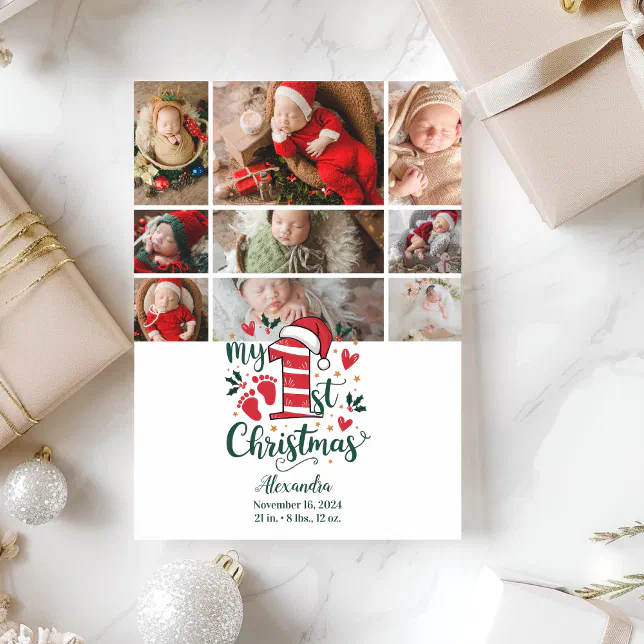 9 Photo Candy Cane Baby 1st Christmas Holiday Card | Zazzle