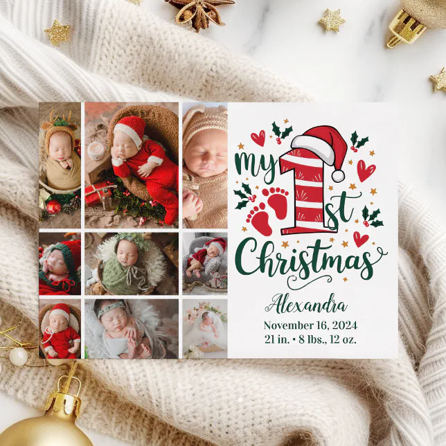 9 Photo Candy Cane Baby 1st Christmas Holiday Card | Zazzle
