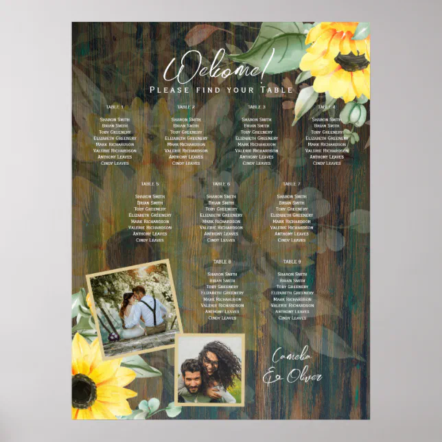 9 Table Rustic Wood SUNFLOWERS PHOTO SEATING Poster | Zazzle