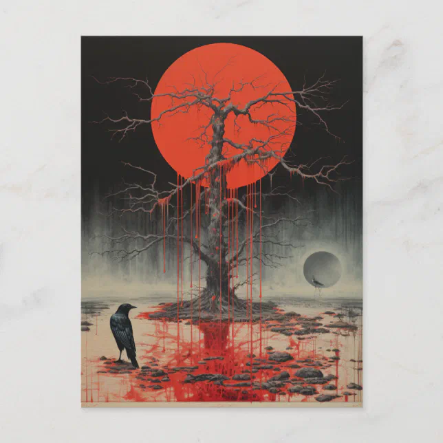 A Raven Dead Tree Red Postcard | Zazzle