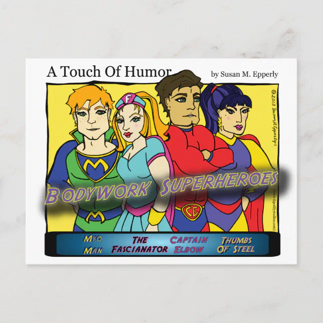 "A Touch of Humour" Super Massage Heroes Comic Postcard | Zazzle
