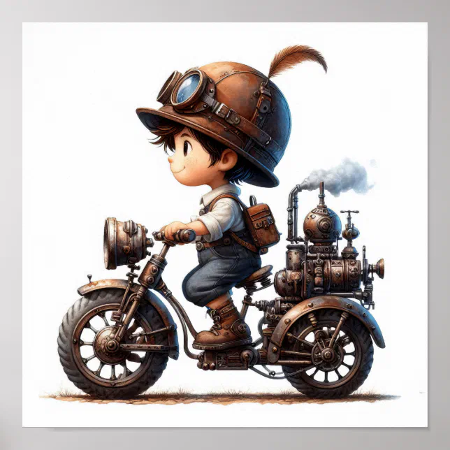 A Young Happy Child Riding a Steampunk Motorcycle Poster | Zazzle