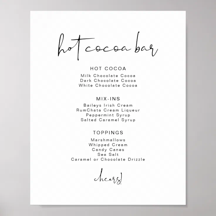 ADELLA Edgy Minimalist Hot Cocoa Bar Menu Poster | Zazzle
