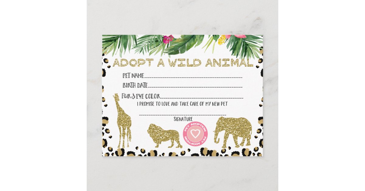 Adopt A Wild Animal Birthday Party Certificate Postcard | Zazzle