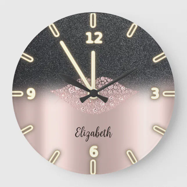 Adorable Cool Trendy Rose Gold Diamonds Lips Large Clock | Zazzle