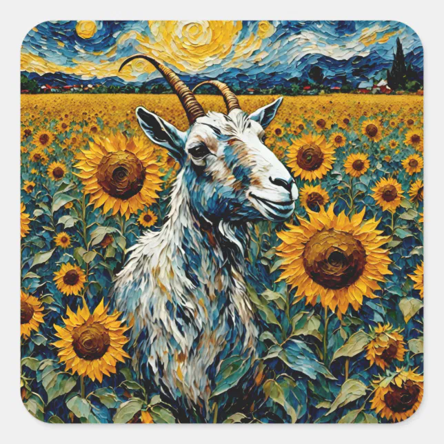 Adorable Goat in a Sunflower Field Square Sticker | Zazzle